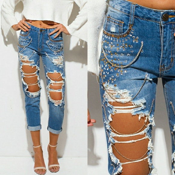 Machine | Jeans | Distressed Rhinestone Detail Boyfriend Jeans | Poshmark